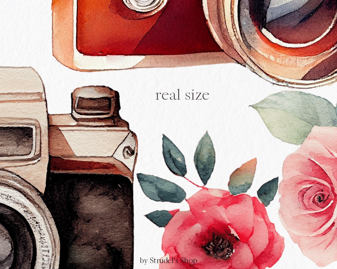 Vintage Cameras Watercolor Clipart PNG Flower Floral - Etsy