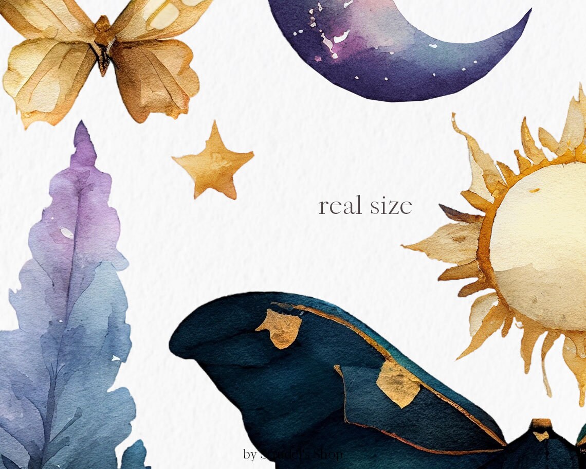 Witchy Watercolor Clipart PNG Mystical Crescent Sun Star Butterflies ...