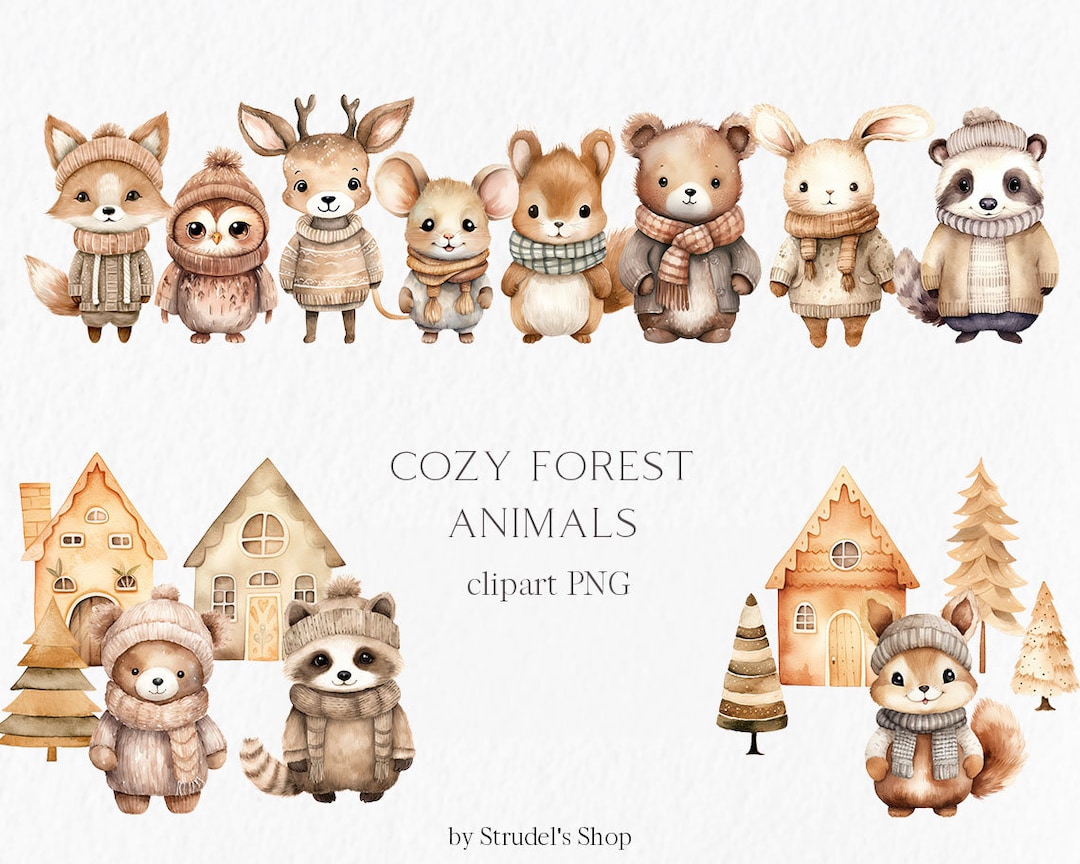 Cozy Woodland Animals Watercolor Clipart PNG - Deer Raccoon Bear Badger ...