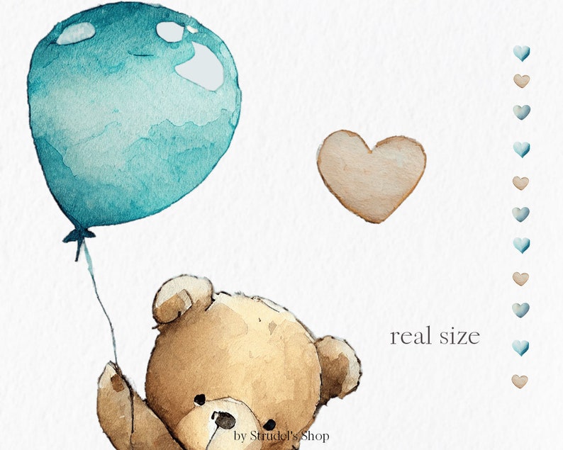 Teddy Bear and Blue Balloon Watercolor Clipart PNG - Cute Teddy ...