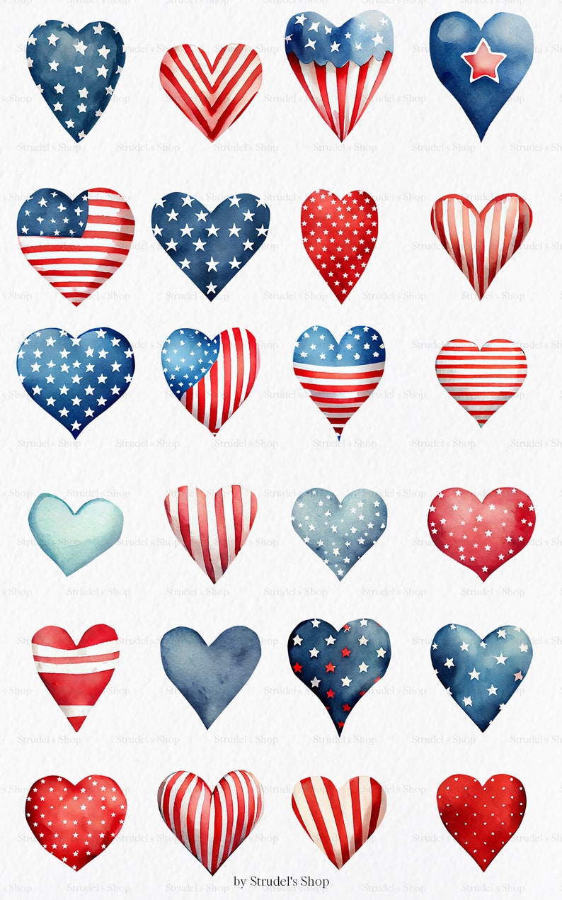 American Flag Hearts Watercolor Clipart PNG 4th of July - Etsy