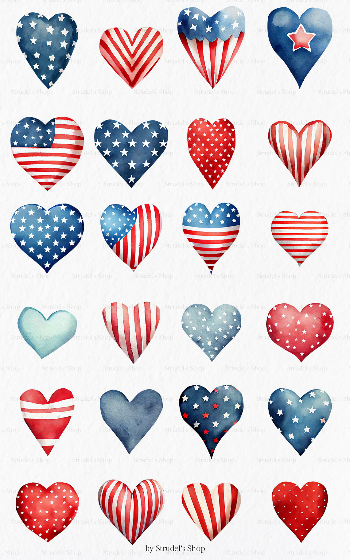 American Flag Hearts Watercolor Clipart PNG 4th of July - Etsy