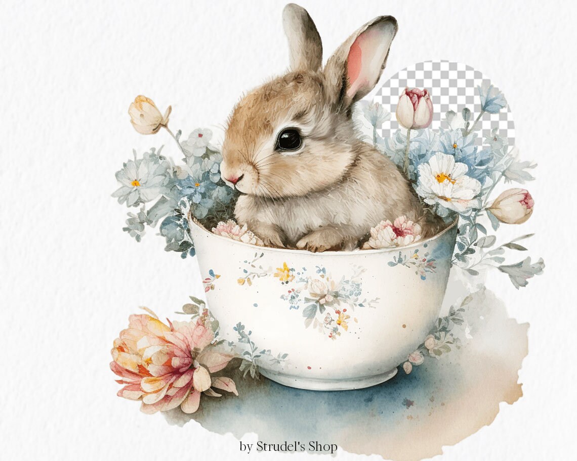 Bunnies in Vintage Cups Watercolor Clipart PNG Easter Spring - Etsy