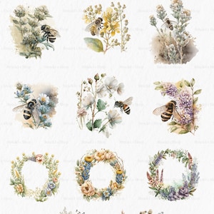 Bees and Wildflowers Watercolor Clipart PNG - Honeybee Honeycomb Flower ...