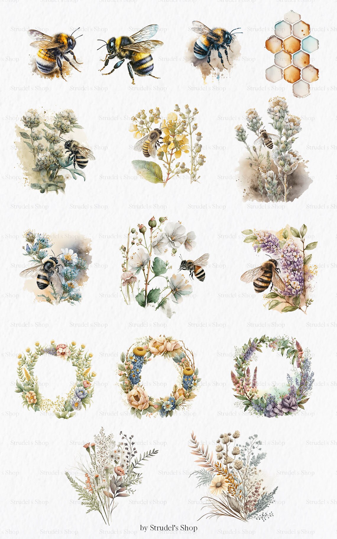 Bees and Wildflowers Watercolor Clipart PNG - Honeybee Honeycomb Flower ...