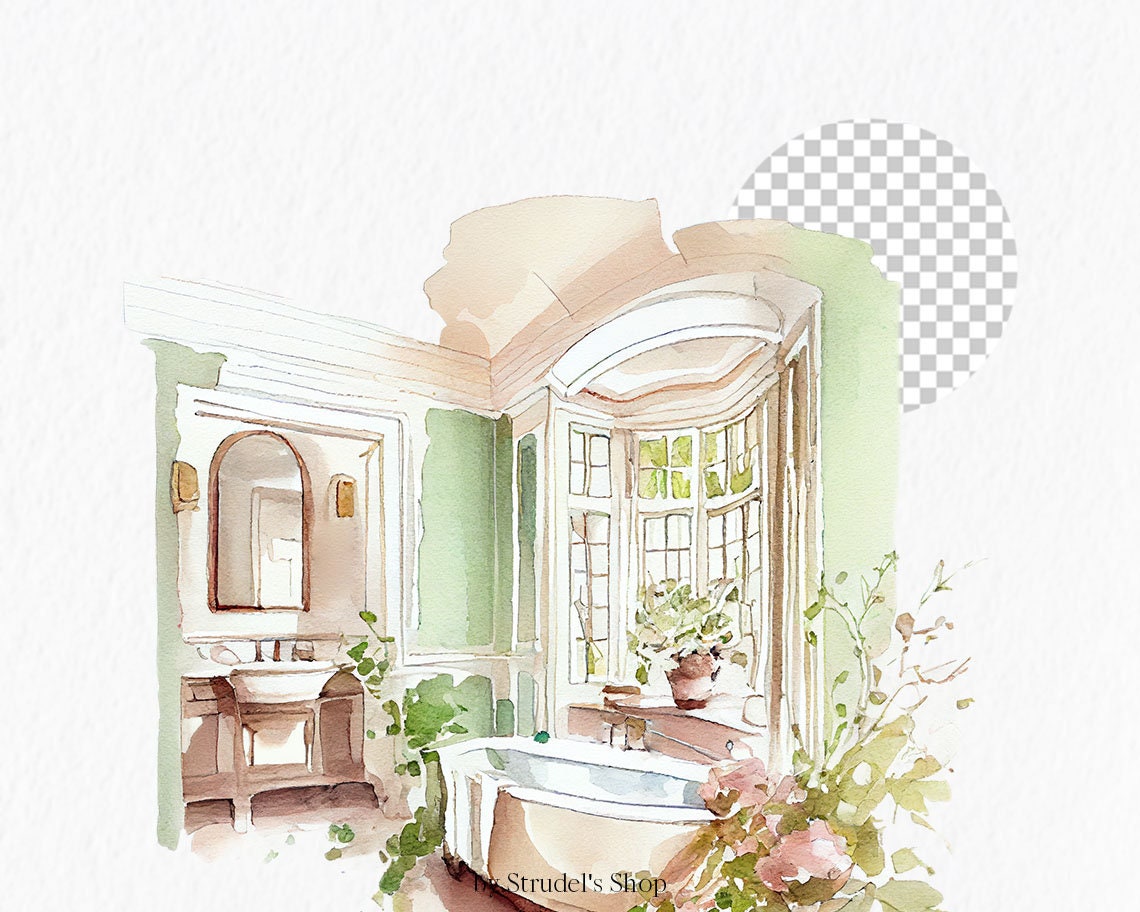 Cottagecore Bathroom Watercolor Clipart PNG Interior Rustic - Etsy