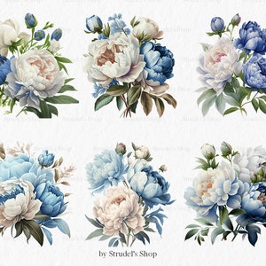 White Blue Peonies Bouquet, Seamless Border Watercolor Clipart PNG # ...