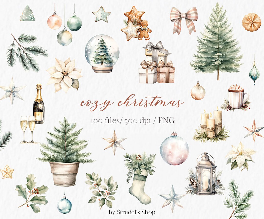 Cozy Christmas Watercolor Clipart Boho Ornaments Christmas - Etsy
