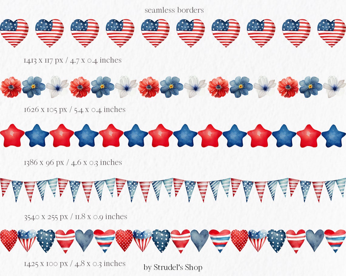 Independence Day Watercolor Clipart PNG - Seamless Borders Banners ...