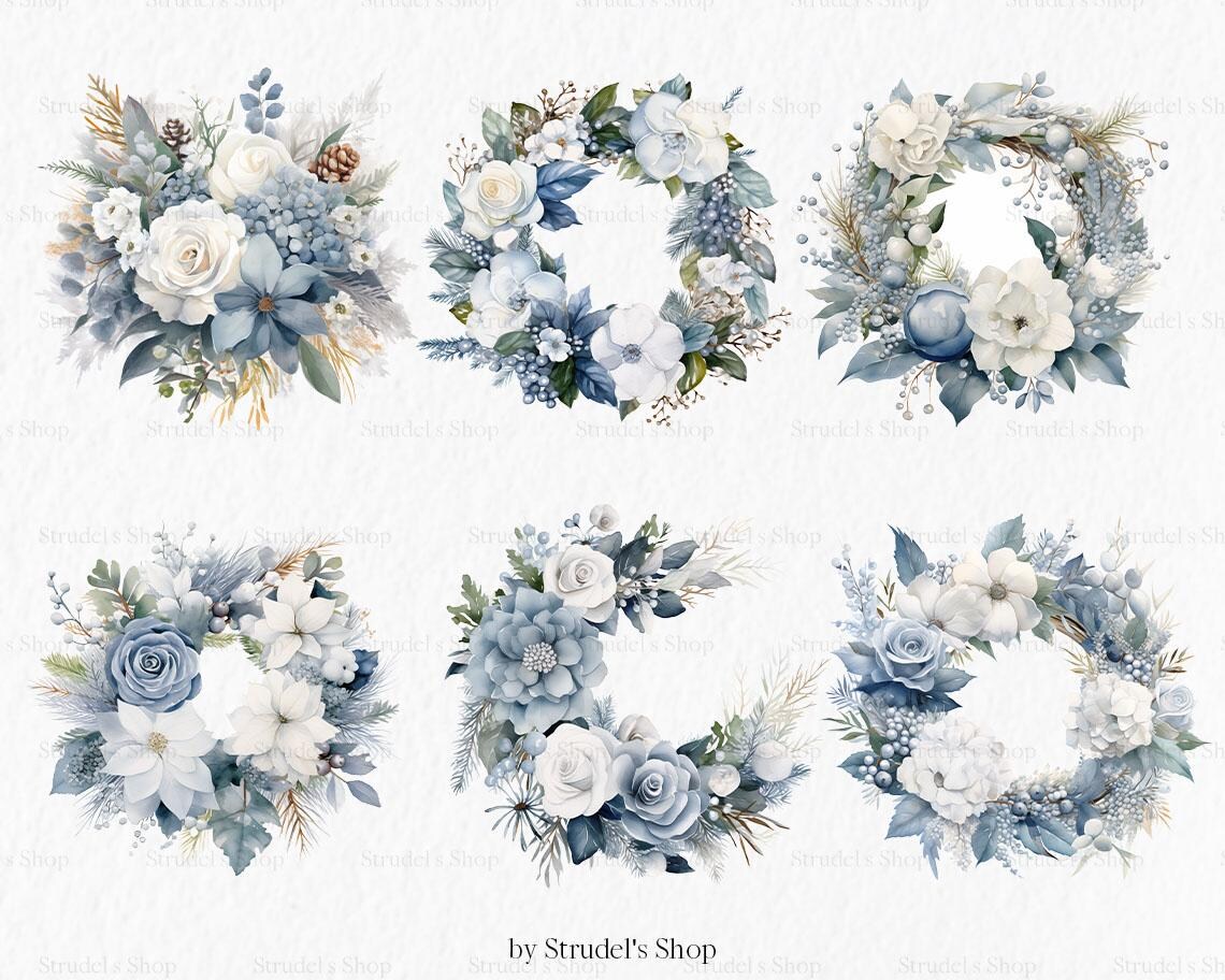 Dusty Blue Flowers Winter Clipart PNG #b201 - Etsy