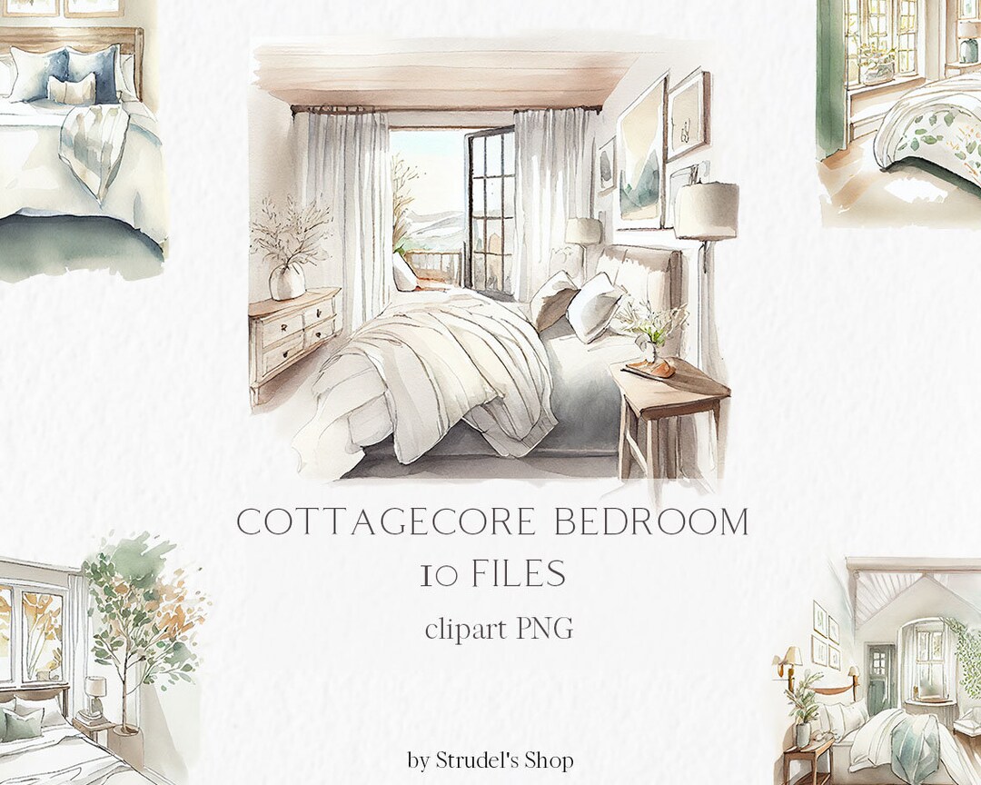Cottagecore Bedroom Watercolor Clipart PNG - Cottage Simple Living ...