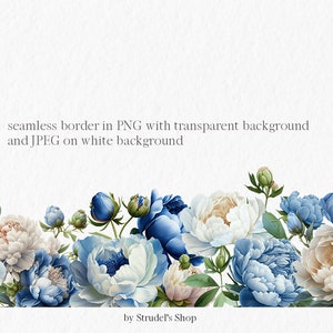 White Blue Peonies Bouquet, Seamless Border Watercolor Clipart PNG # ...