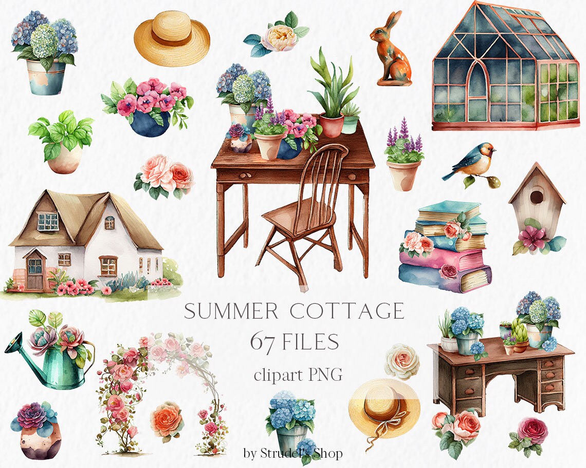 Summer Cottage Watercolor Clipart PNG Farmhouse Cottagecore - Etsy