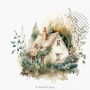 Cozy Village Houses Watercolor Clipart PNG - Cottage Farm Farmhouse ...