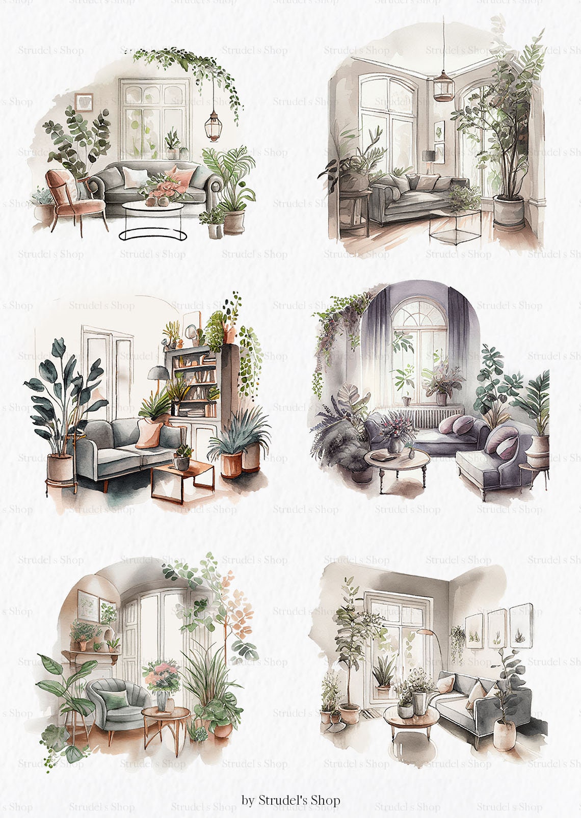 Cozy Living Rooms Watercolor Clipart PNG - Scene Furniture Background ...