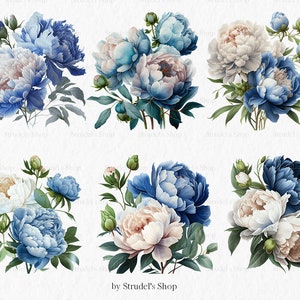 White Blue Peonies Bouquet, Seamless Border Watercolor Clipart PNG # ...