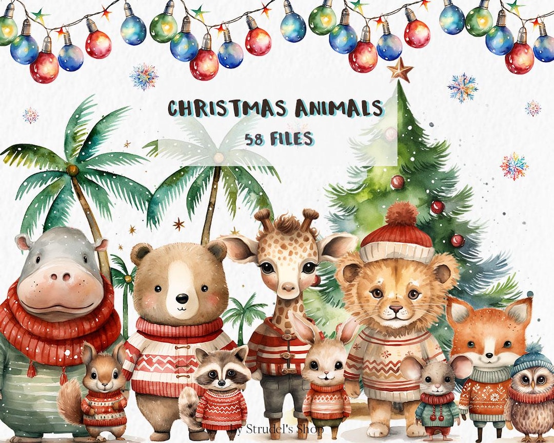 Christmas Animals Clipart Watercolor PNG b199 - Etsy