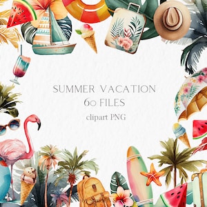 Summer Vacation Watercolor Clipart PNG - Travel Palm Trees Watermelon ...