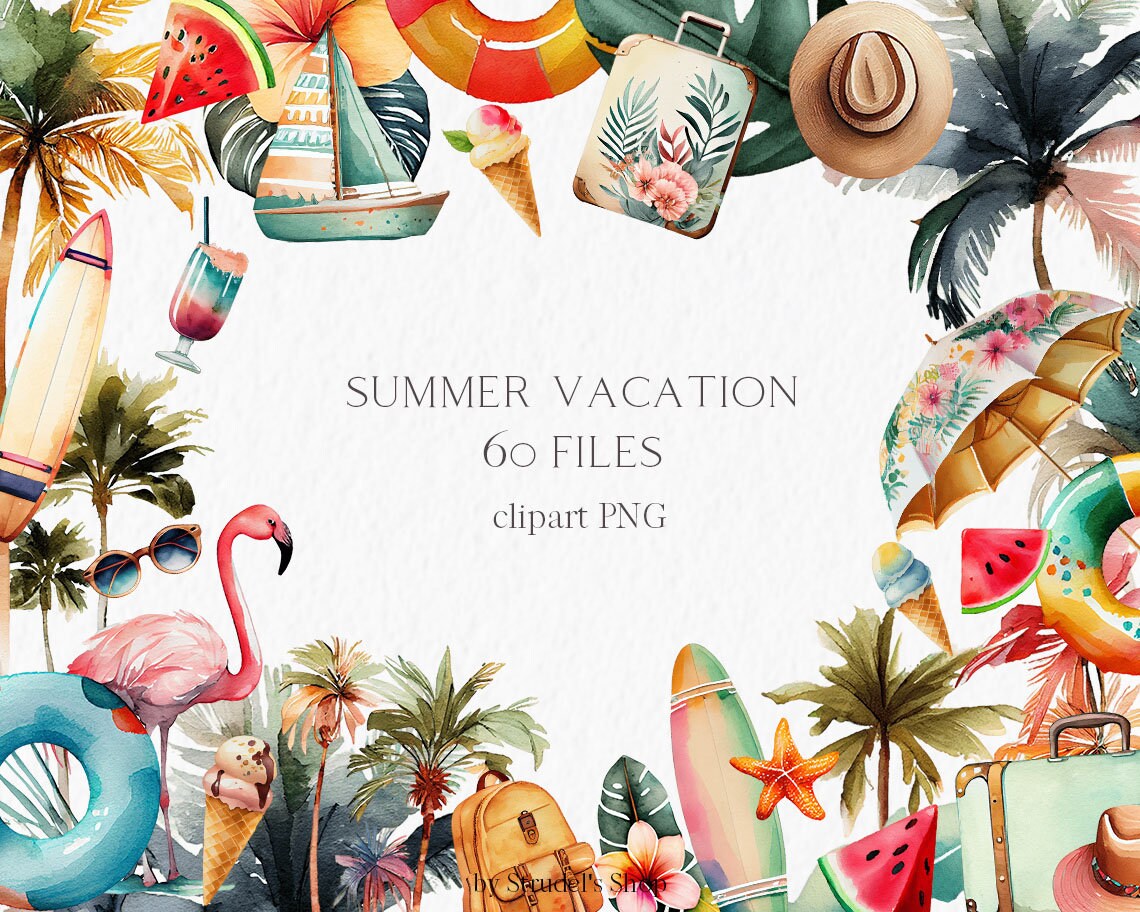 Summer Vacation Watercolor Clipart PNG Travel Palm Trees - Etsy