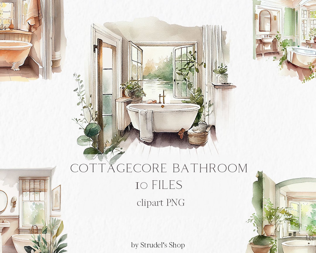 Cottagecore Bathroom Watercolor Clipart PNG - Interior Rustic Simple ...