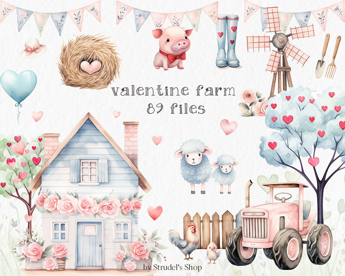 Valentine Farm Clipart Watercolor - Barn Animals Cute Farm Animals ...
