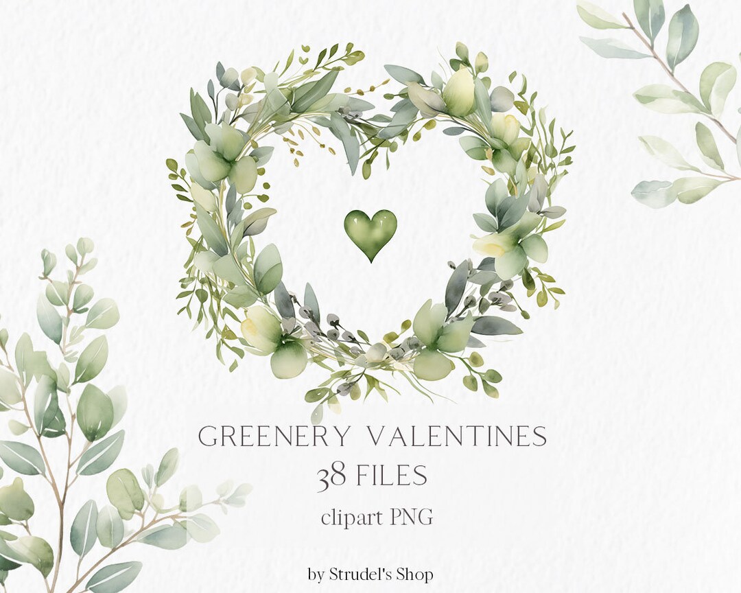 Watercolor Greenery Clipart - Spring Heart Rustic Frame Plant Wreath ...