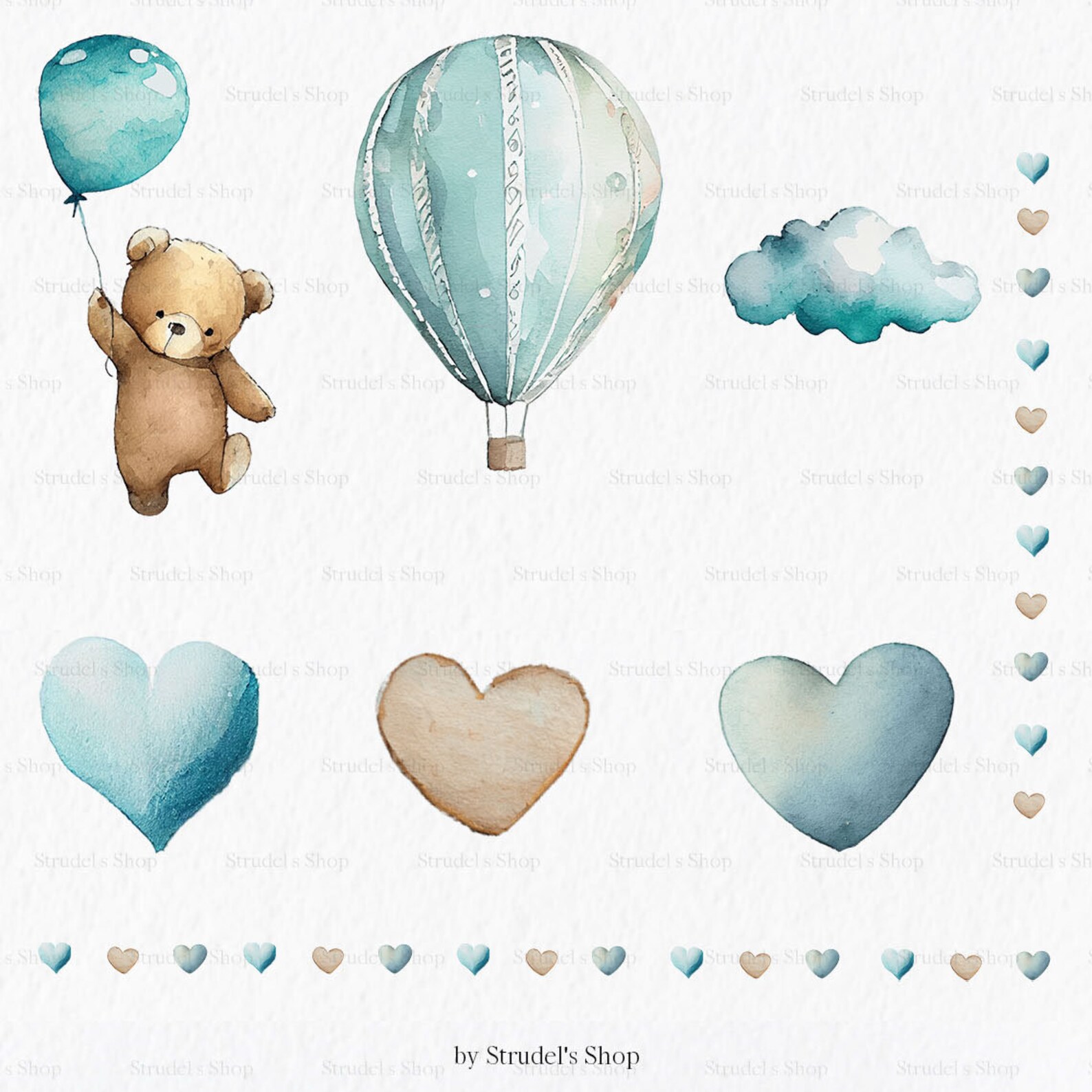 Teddy Bear and Blue Balloon Watercolor Clipart PNG - Cute Teddy ...