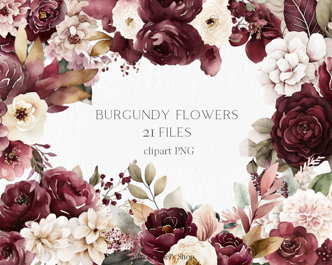 Burgundy and Blush Flowers Watercolor Clipart PNG Floral Wedding ...