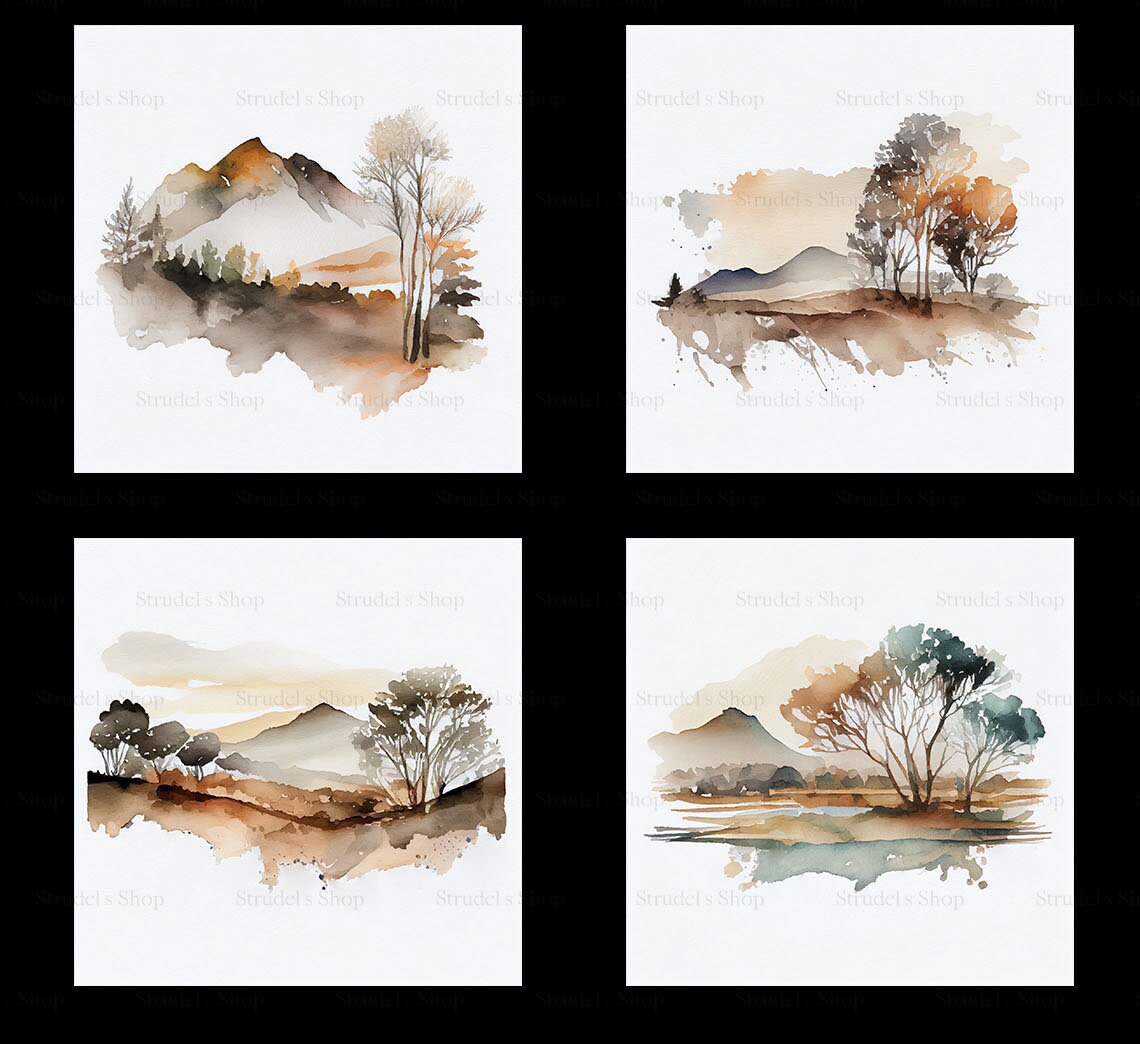 Neutral Landscapes Watercolor Clipart PNG Nature Mountain Summer Scene ...