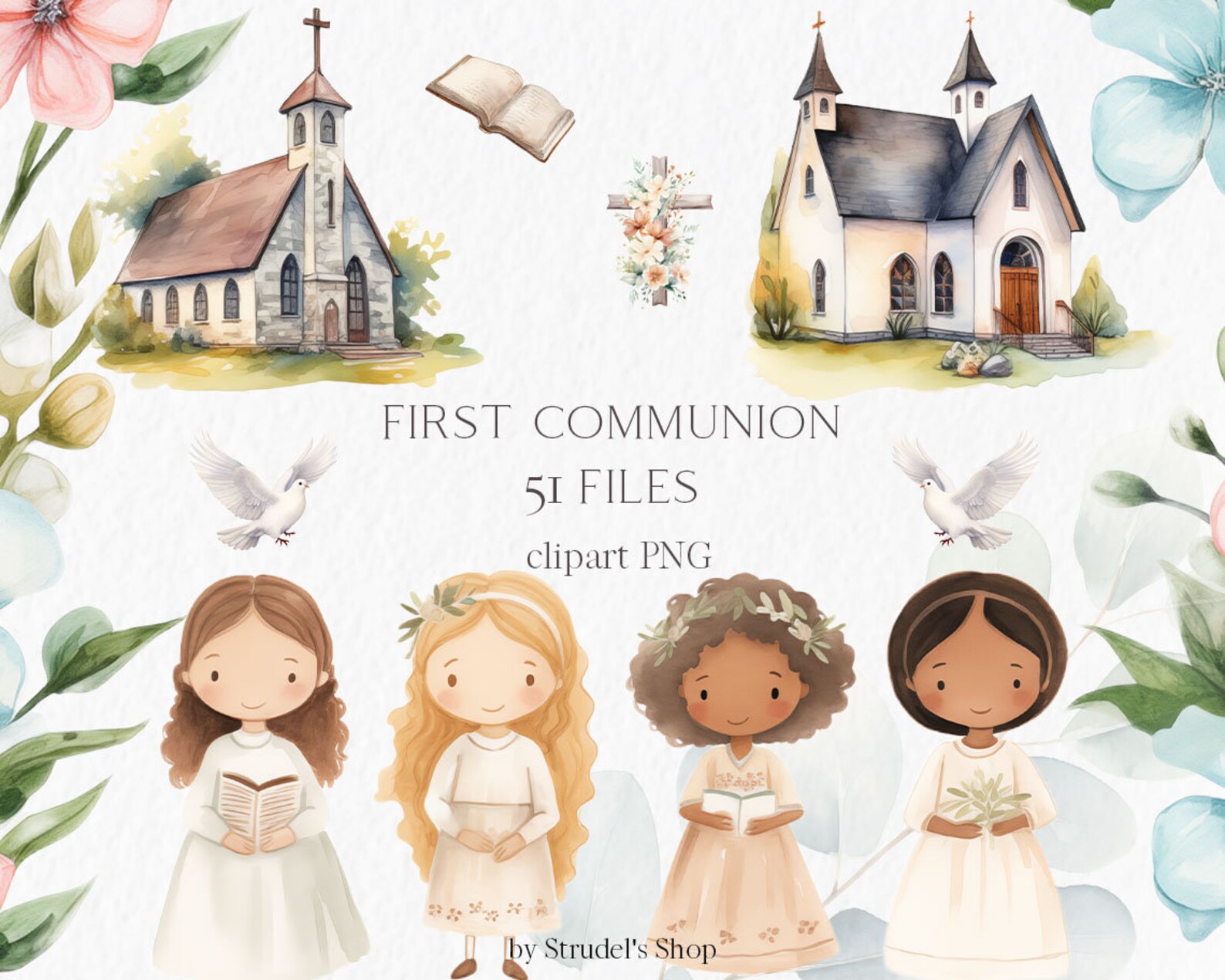 First Communion Watercolor Clipart - Church Cross Angel Religion Bible ...