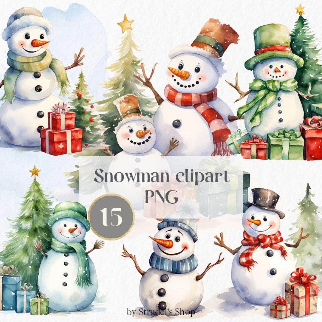 Christmas Snowman Watercolor Clipart PNG #b195 - Etsy