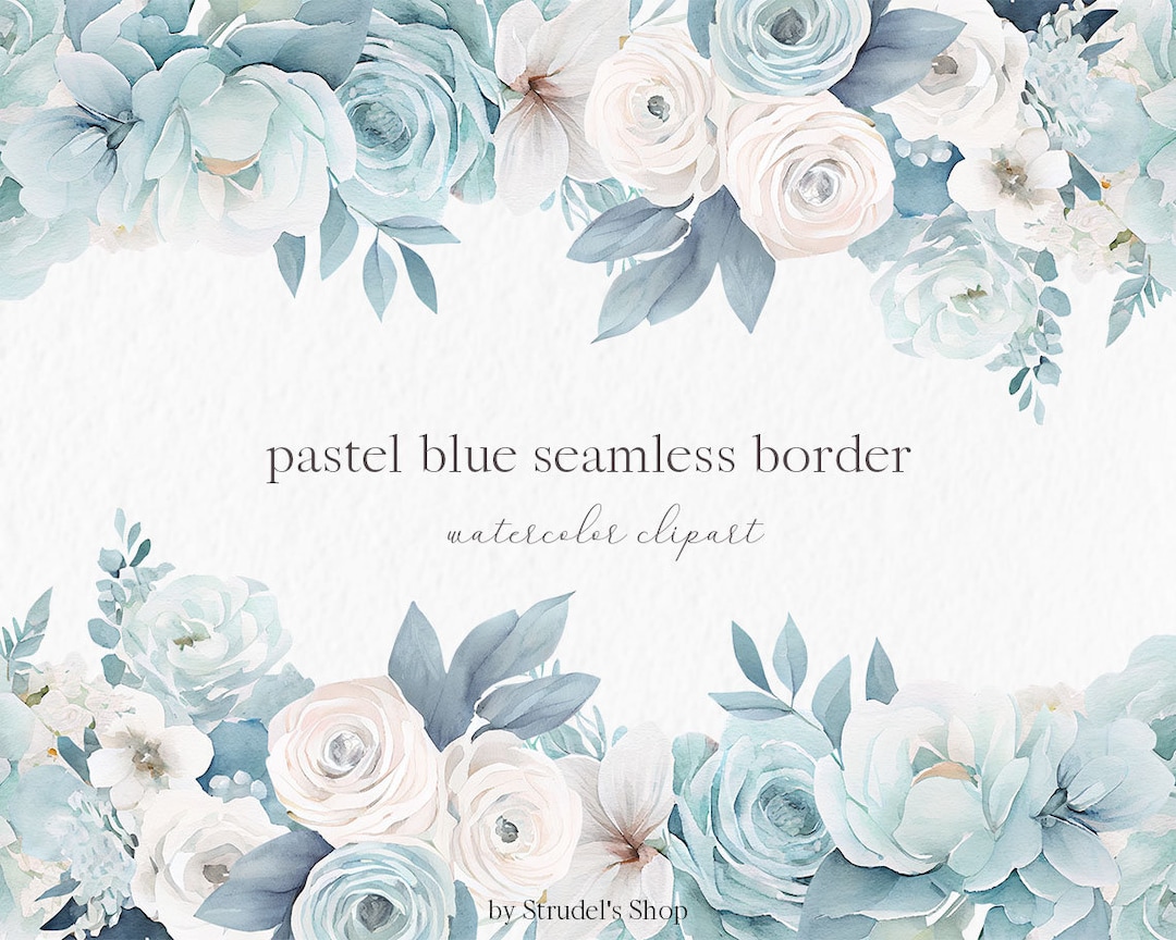 Dusty Blue Flower Seamless Border Watercolor Clipart PNG - Floral ...