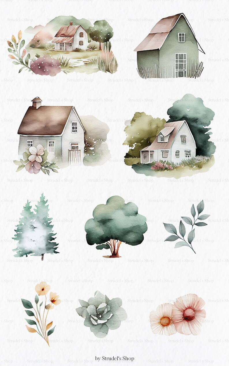 Cute Cottages Watercolor Clipart PNG House Cottagecore Home - Etsy