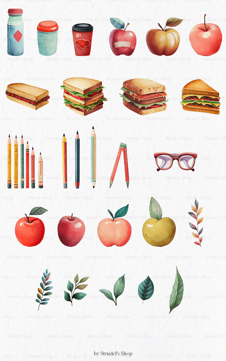 Back to School Watercolor Clipart PNG School Supplies - Etsy
