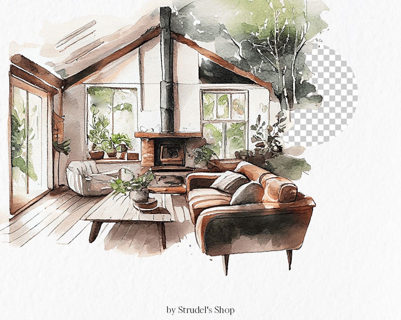 Living Room Watercolor Clipart PNG Scrapbooking Home Decor - Etsy