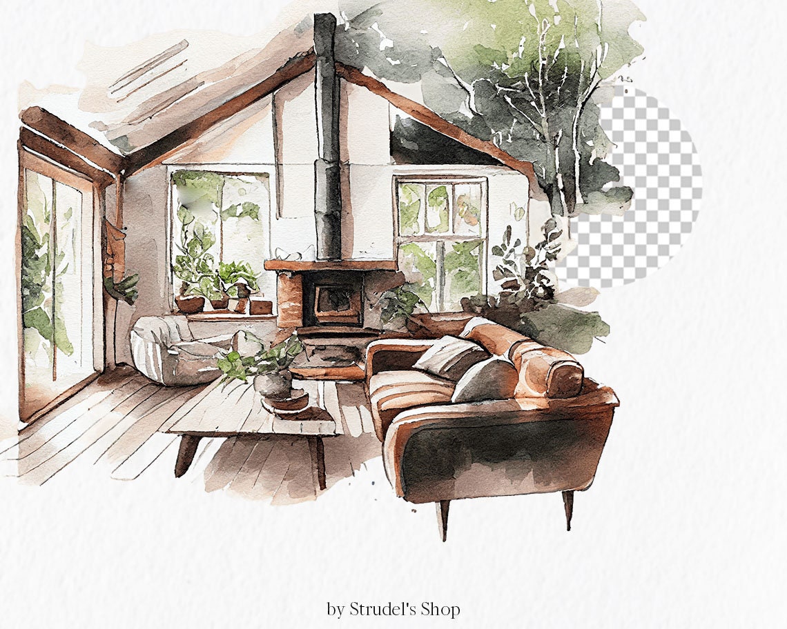 Living Room Watercolor Clipart PNG Scrapbooking Home Decor Furniture ...