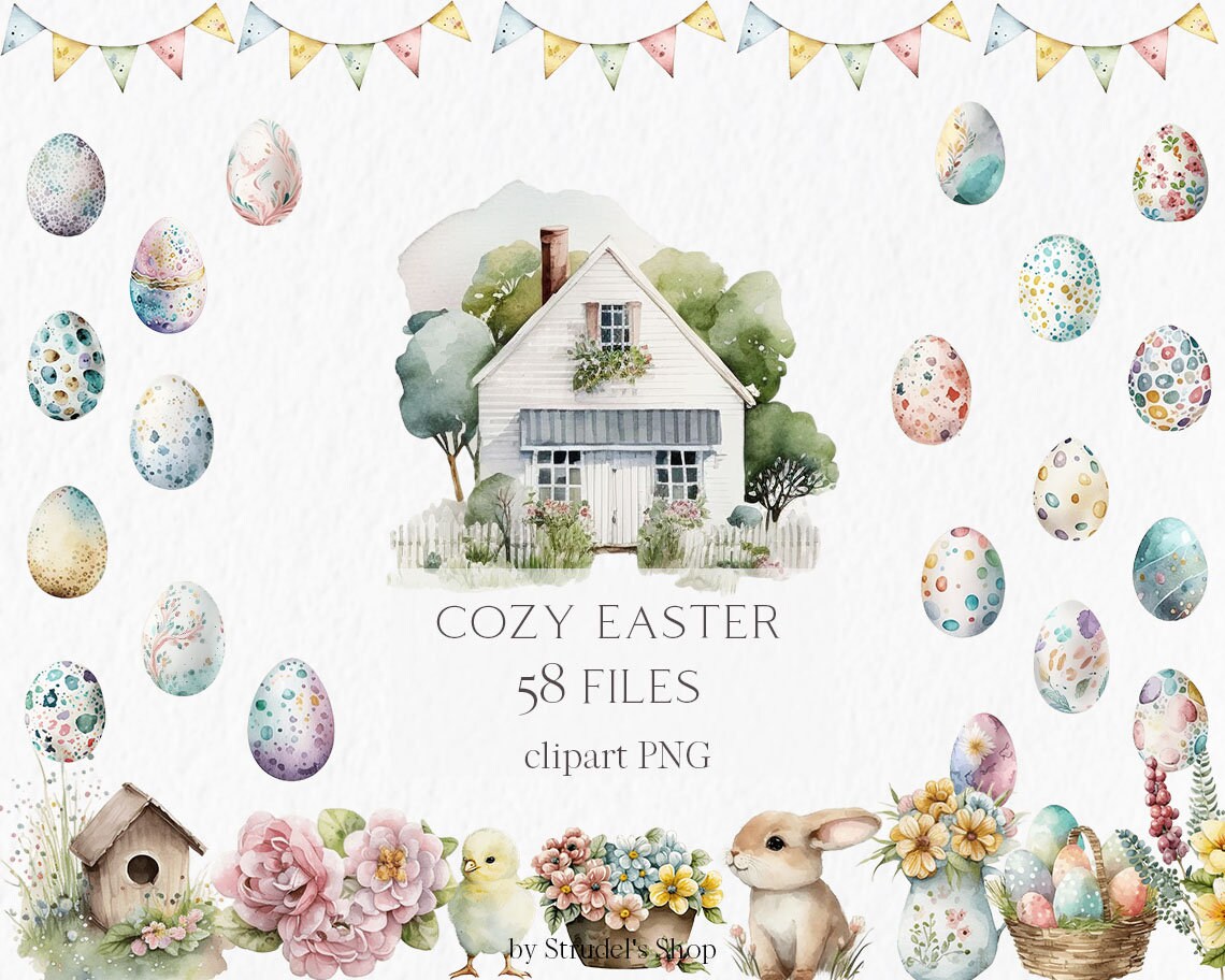 Cozy Easter Watercolor Clipart PNG Cute Spring Bunny - Etsy