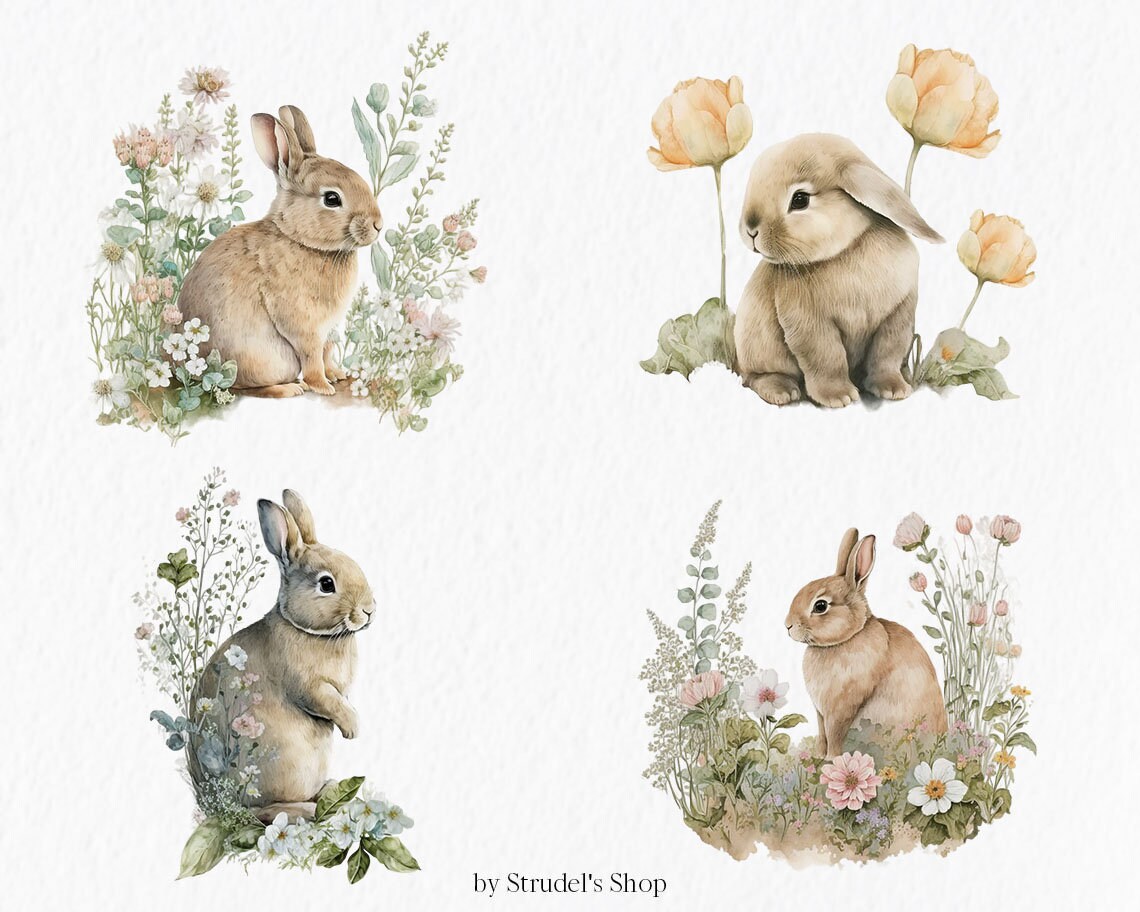 Garden Rabbits Watercolor Clipart PNG - Bunny Sublimation Printing ...