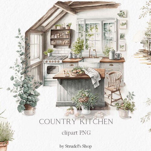 Country Kitchen Watercolor Clipart PNG Cottagecore Simple - Etsy