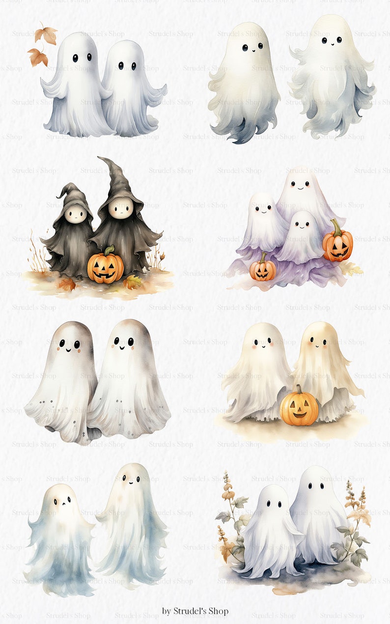 Ghosts Watercolor Clipart PNG Trick or Treat Halloween Cute - Etsy