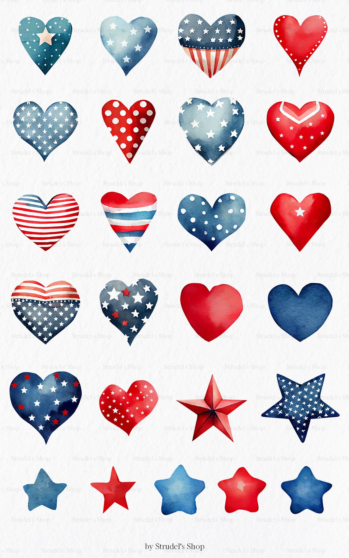 American Flag Hearts Watercolor Clipart PNG 4th of July - Etsy