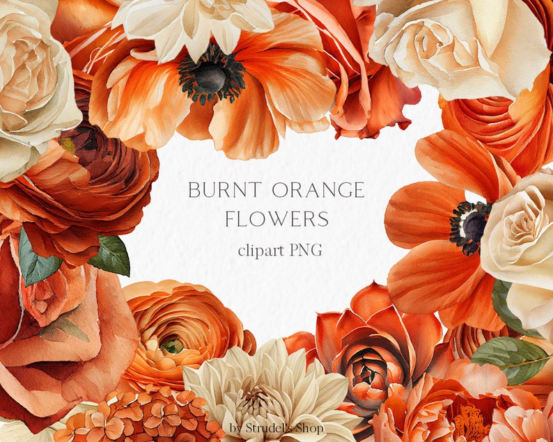 Burnt Orange Flower Watercolor Clipart PNG Fall Floral Wedding Autumn ...