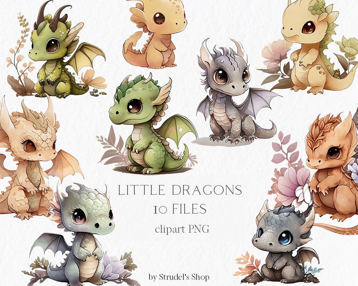Cute Dragons Watercolor Clipart PNG Fantasy Baby Dragon Dragon Birthday ...