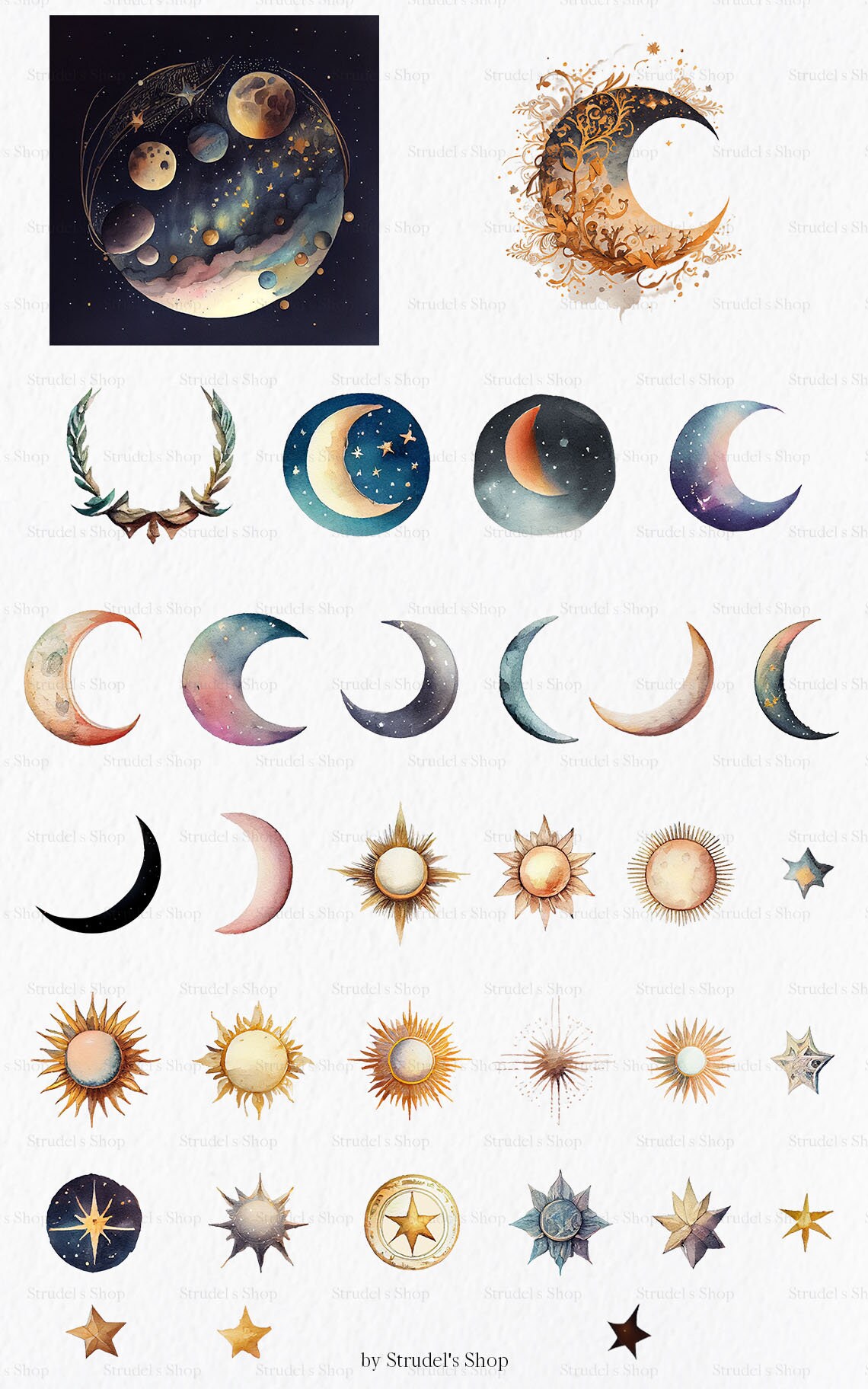 Witchy Watercolor Clipart PNG Mystical Crescent Sun Star Butterflies ...