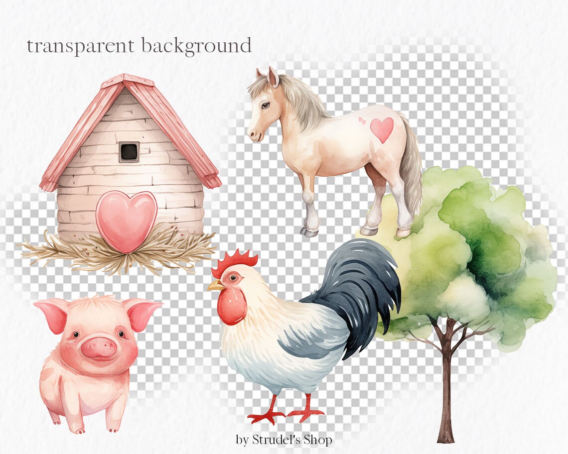 Valentine Farm Clipart Watercolor - Barn Animals Cute Farm Animals ...