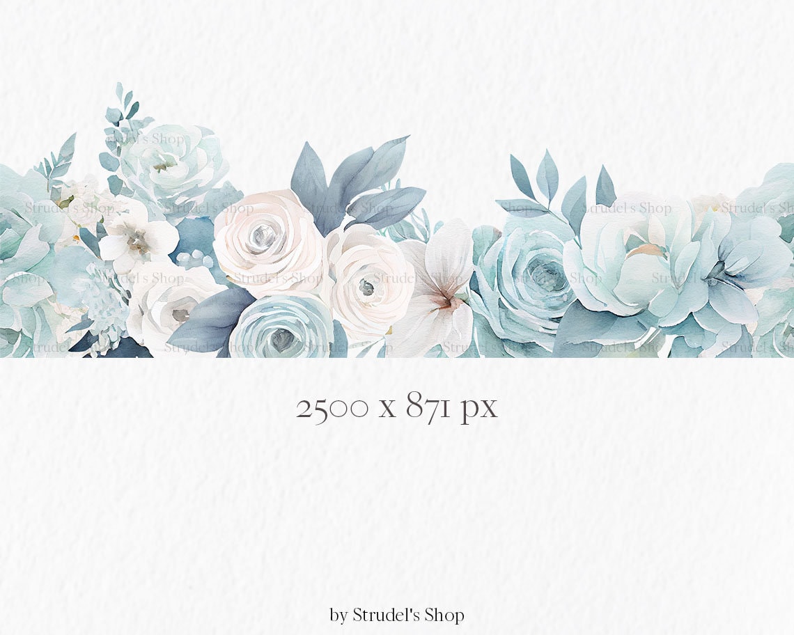 Dusty Blue Flower Seamless Border Watercolor Clipart PNG - Etsy