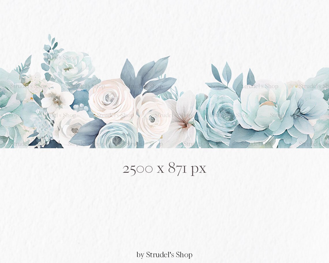 Dusty Blue Flower Seamless Border Watercolor Clipart PNG - Etsy