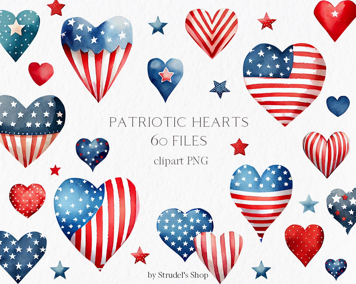 American Flag Hearts Watercolor Clipart PNG 4th of July - Etsy