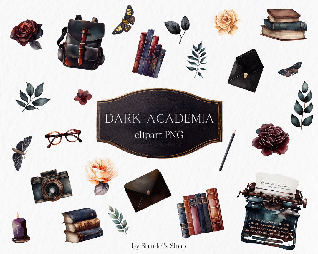 Dark Academia Watercolor Clipart PNG - Gothic Bookworm Planner Stickers ...