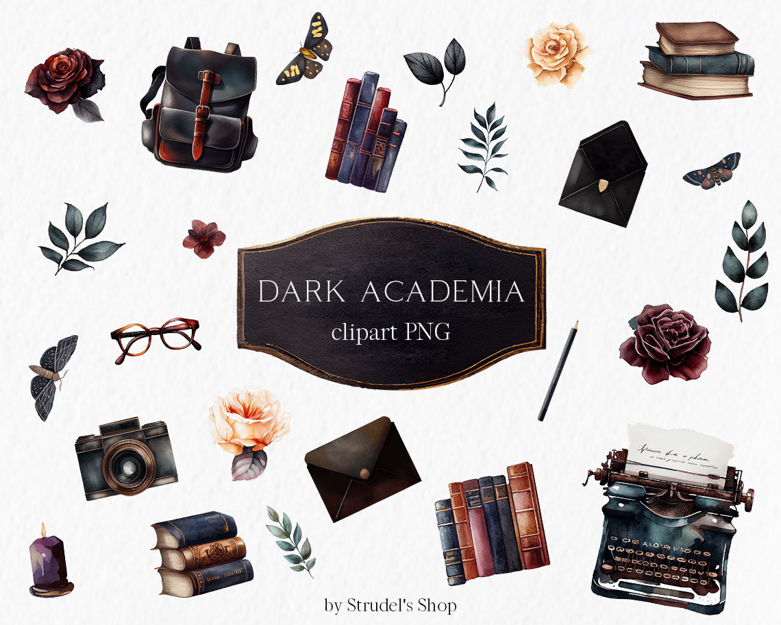 Dark Academia Watercolor Clipart PNG Gothic Bookworm Planner - Etsy